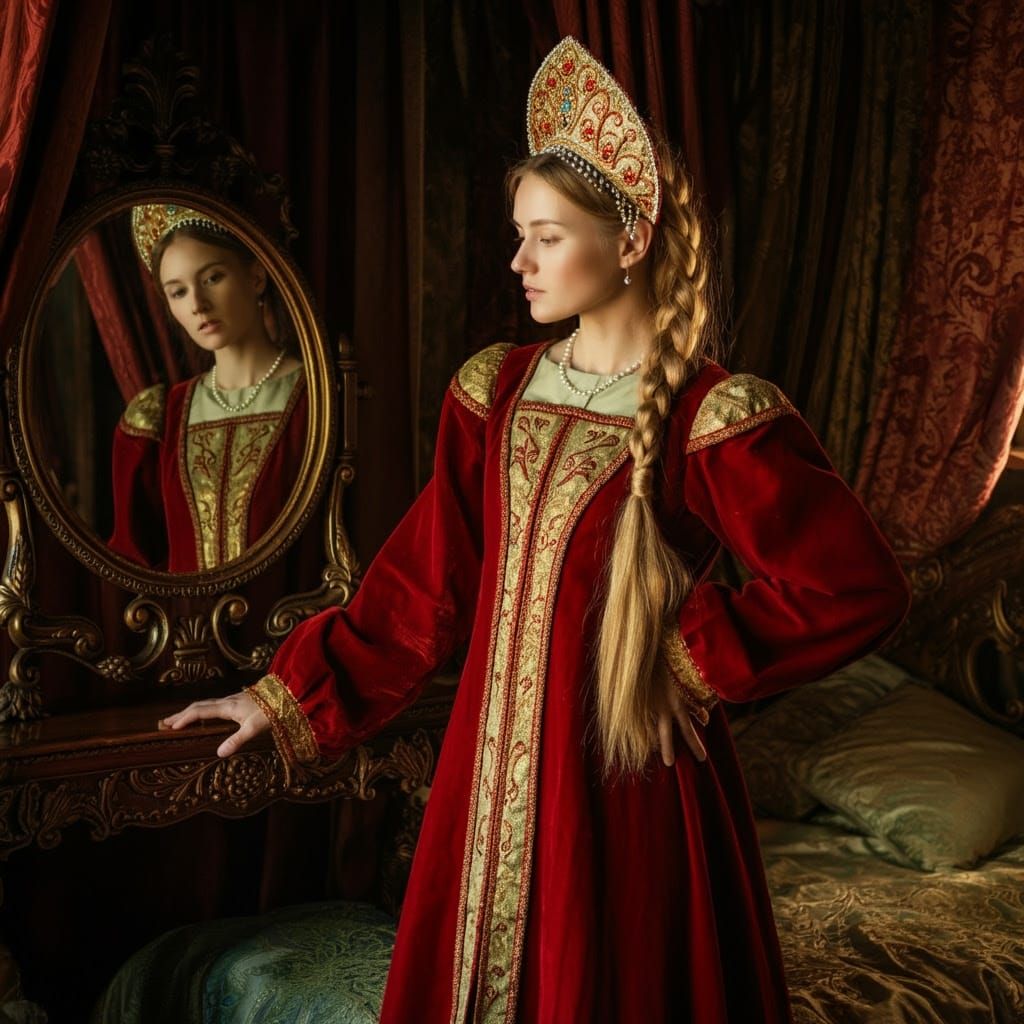 Elegant Russian Princess in Opulent Red Velvet Sar... - AI Art