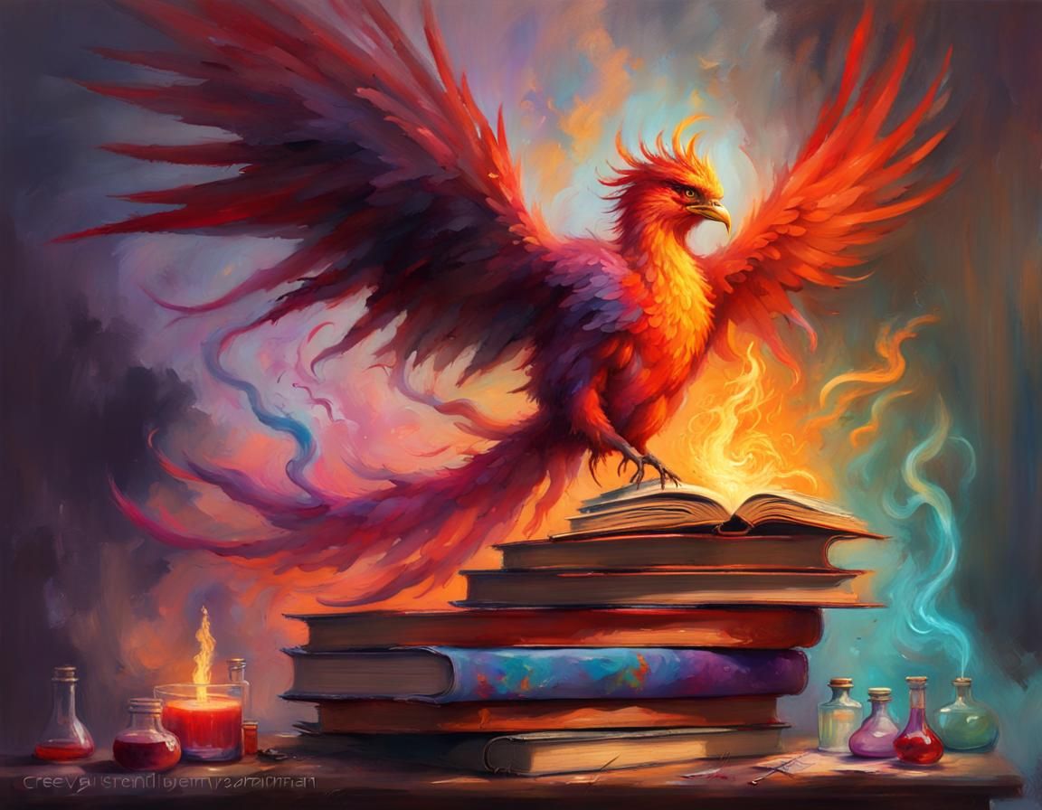 a blazing phoenix perched on a stack of magic books, with potions ...