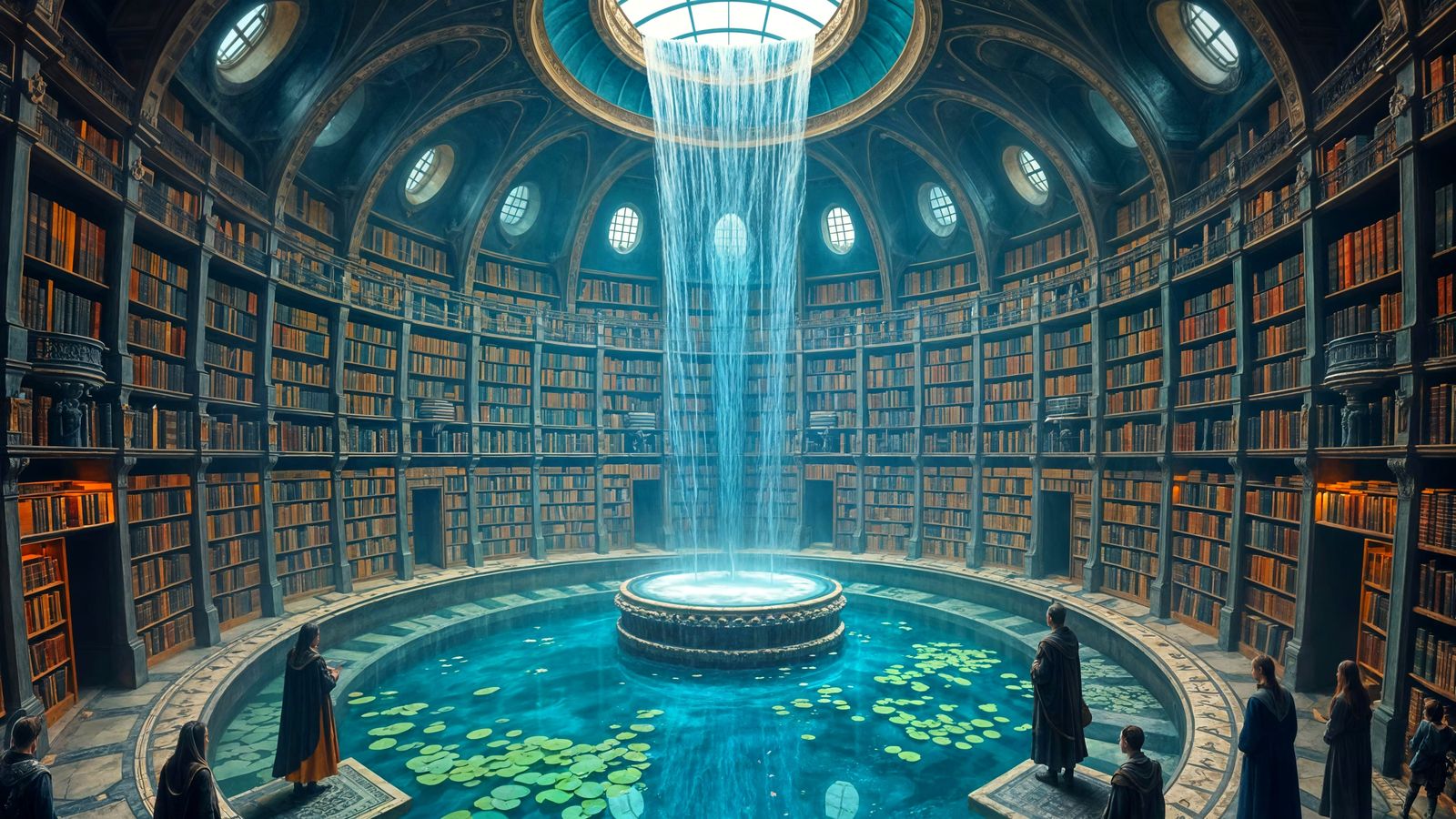 A Library Waterfall Fountain - Grand Fantasy Library with Wa...