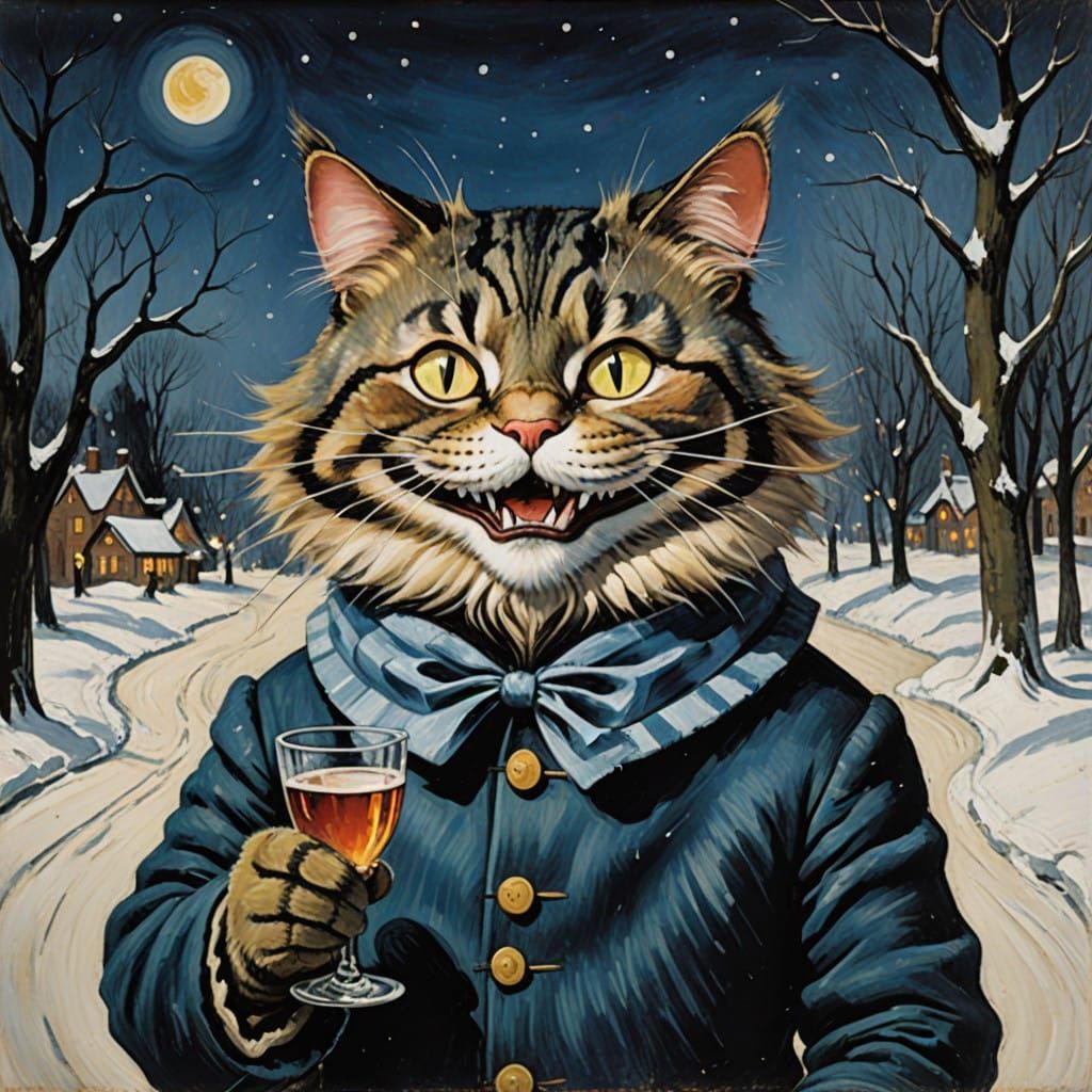 Cheshire Cat's Winter Toast in Whimsical Art - AI Art