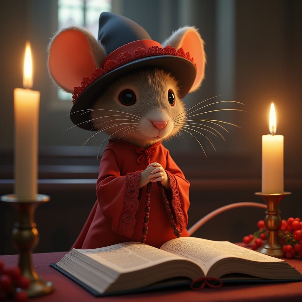Fluffy Mouse Praying - Serene Fluffy Mouse in a Whimsical Ch...