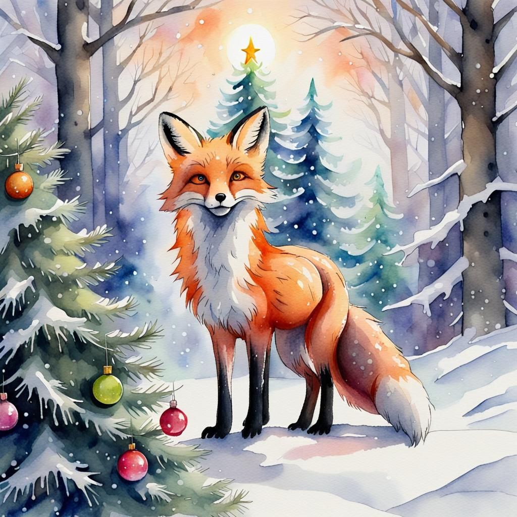 frosty winter morning, watercolor painting of a fox standing in front ...