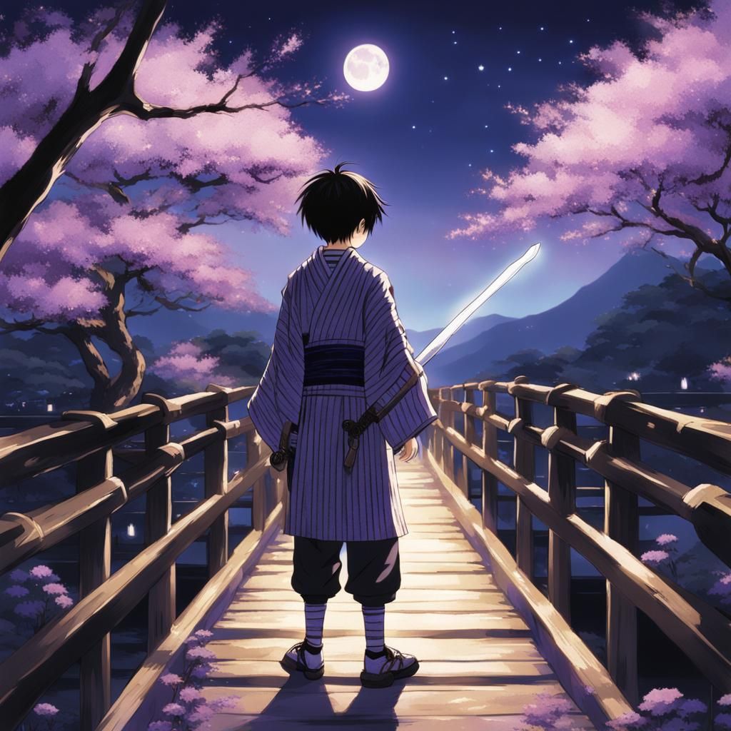 In a moonlit Japanese anime landscape, a young boy stands on a bridge ...