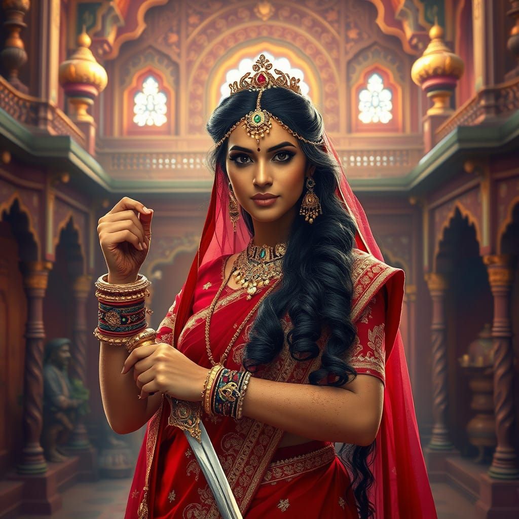 Regal Rajput Princess in Ruby Red Ghagra Choli Att... - AI Art