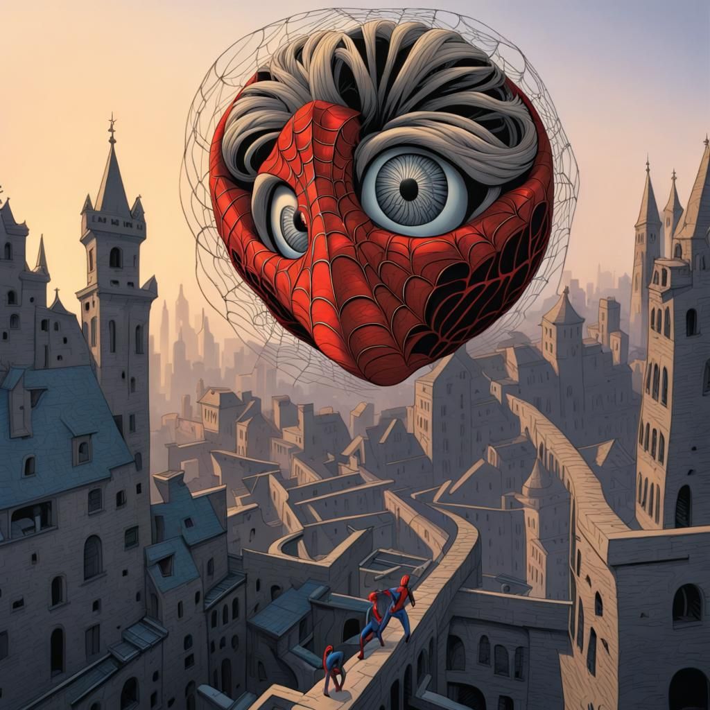 spiderman caught in warped tangled multiversal mc escher labyrinth web ...