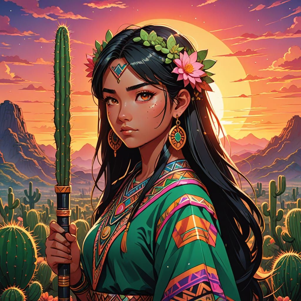 Vibrant Anime Waifu in Aztec Mexican Style with Lu... - AI Art