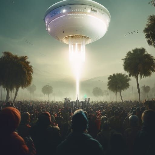 UFO, insanely detailed photo of a crowd of people in unity, watching a ...