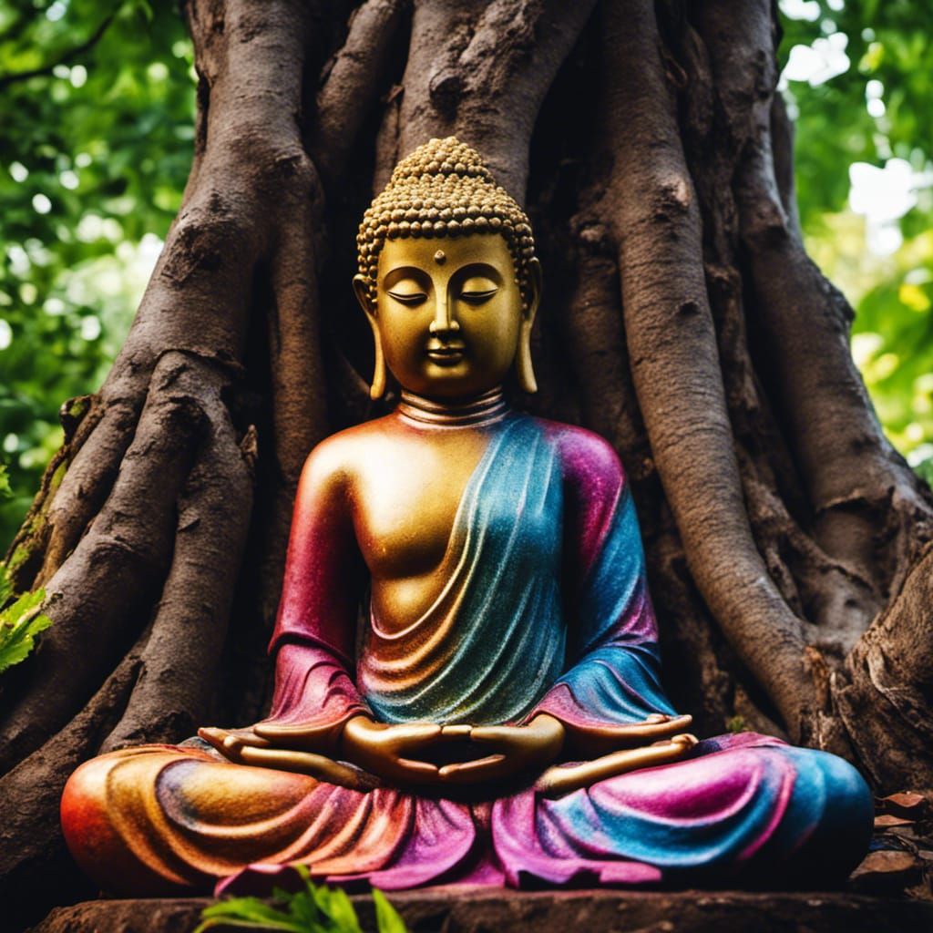 colorful buddha meditating under tree surrounded by foliage, close-up ...