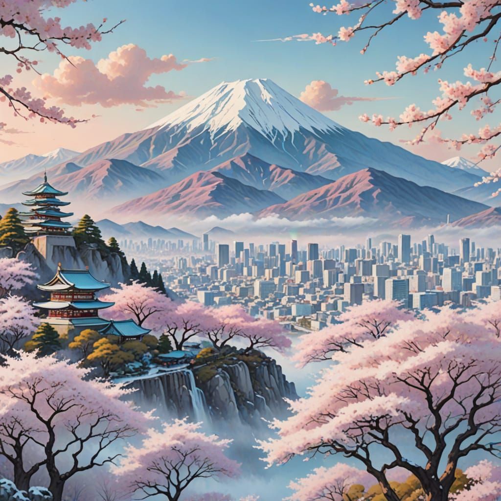 Ethereal White Marble Cityscape with Blossom Tree ... - AI Art