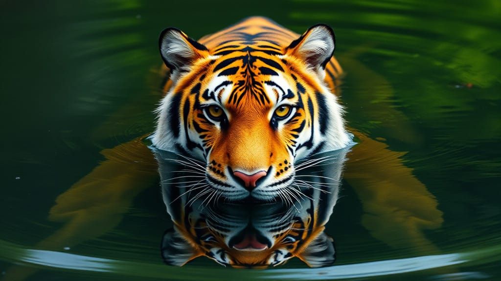 A majestic Bengal tiger swimming gracefully through a calm, clear body ...
