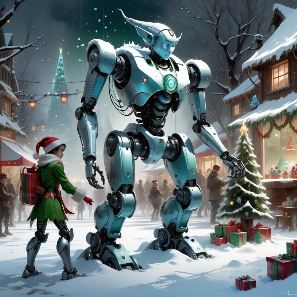 Robot Christmas Elves winter wonderland - AI Generated Artwork ...