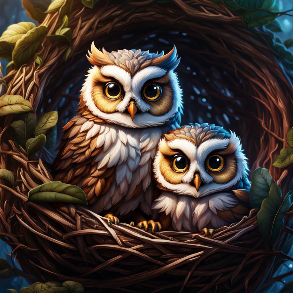 Baby owls nesting - AI Generated Artwork - NightCafe Creator