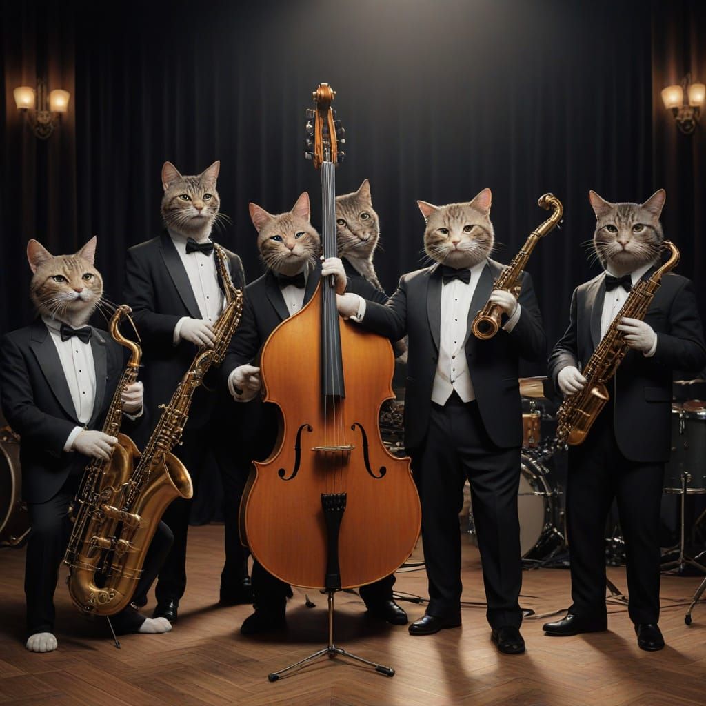 A group of anthropomorphic cats playing in a jazz band using black tie ...