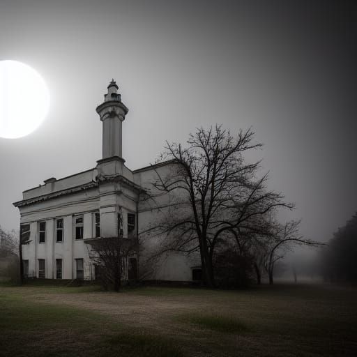 An Abandoned Asylum Surrounded by Fog During a Solar Eclipse (Stable ...