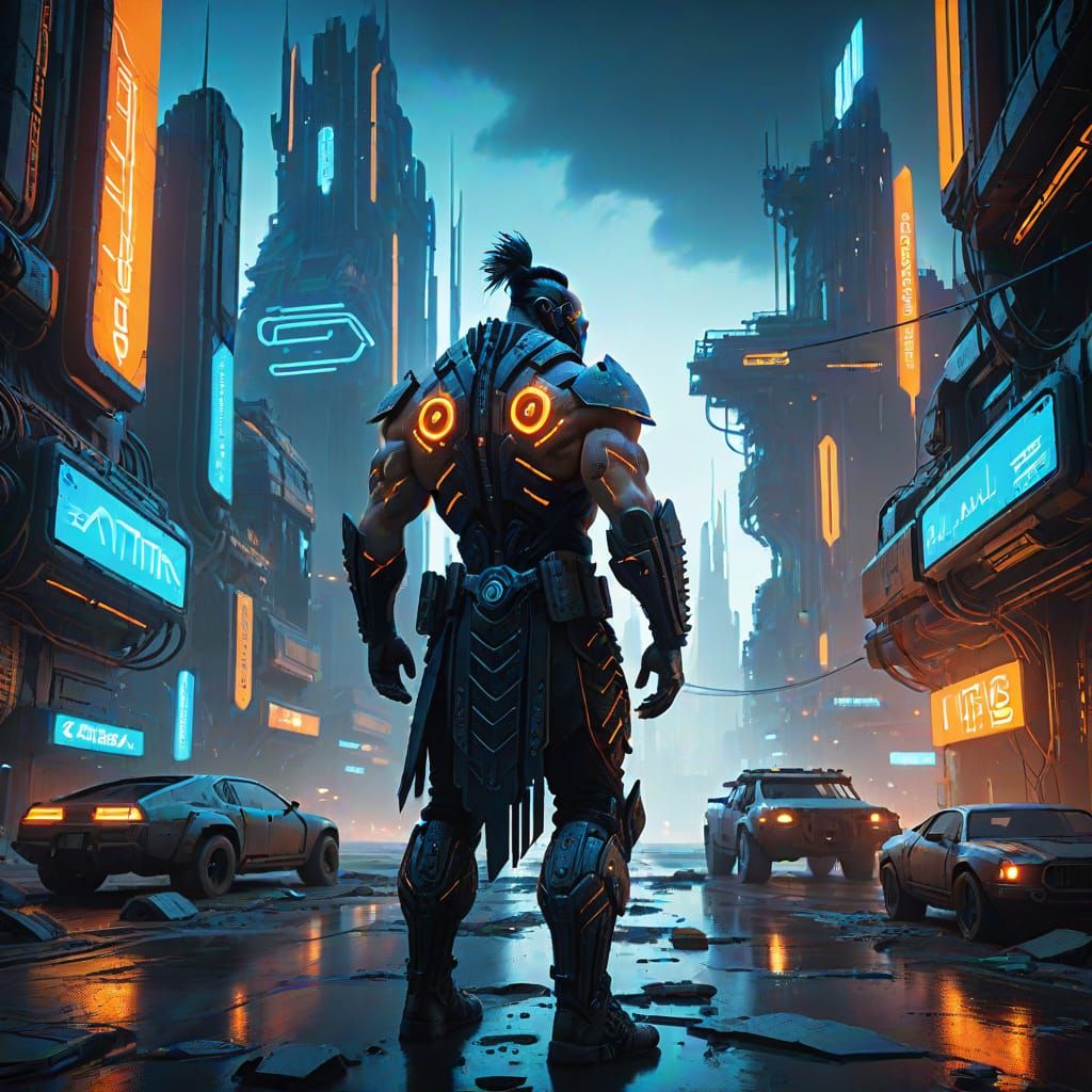 Cyberpunk Barbarian Warrior in Desolate Cityscape - AI Art