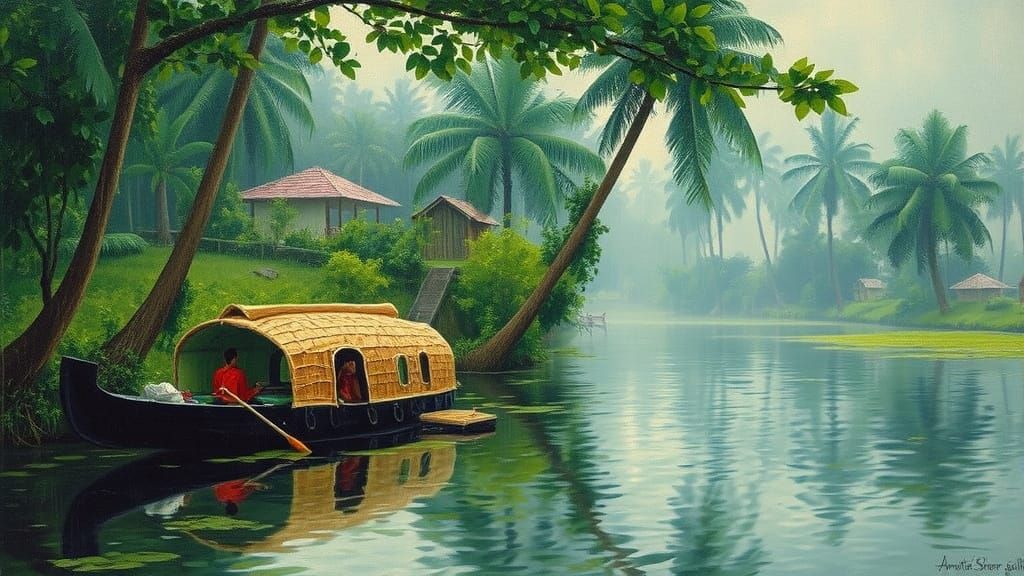 Vibrant Kerala Monsoon Landscape with Houseboats - AI Art