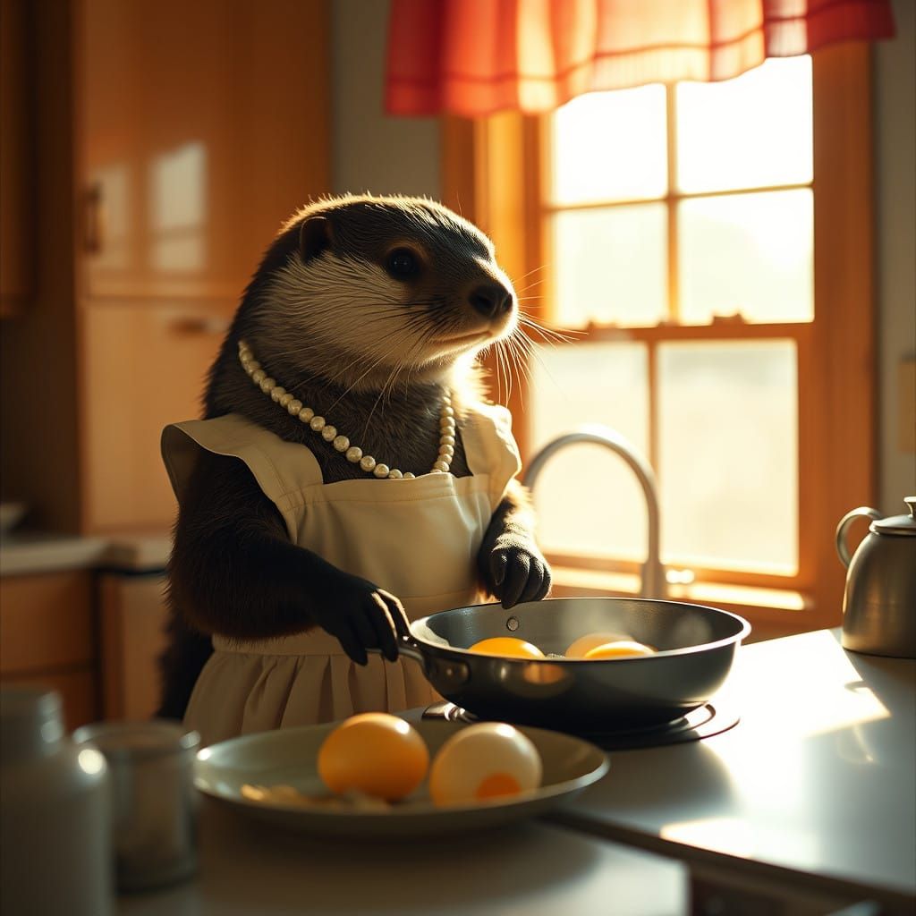 Retro Kitchen Scene with Polished Otter in Apron - AI Art