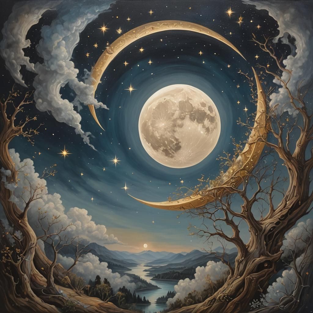 Eclectic Surrealist Fusion Realistic Oil Painting Beautiful Moon ...