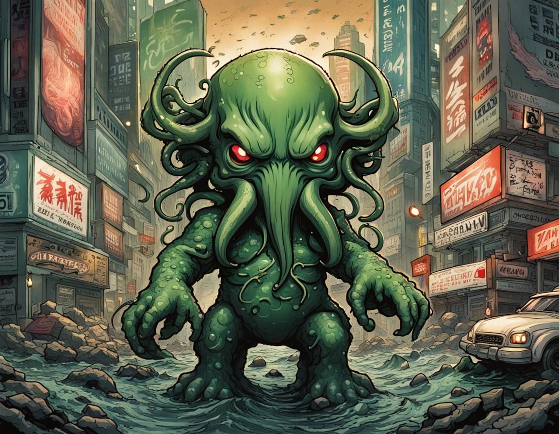 giant chibi Cthulhu destroying Tokyo, masterpiece Mark Brooks and Dan ...