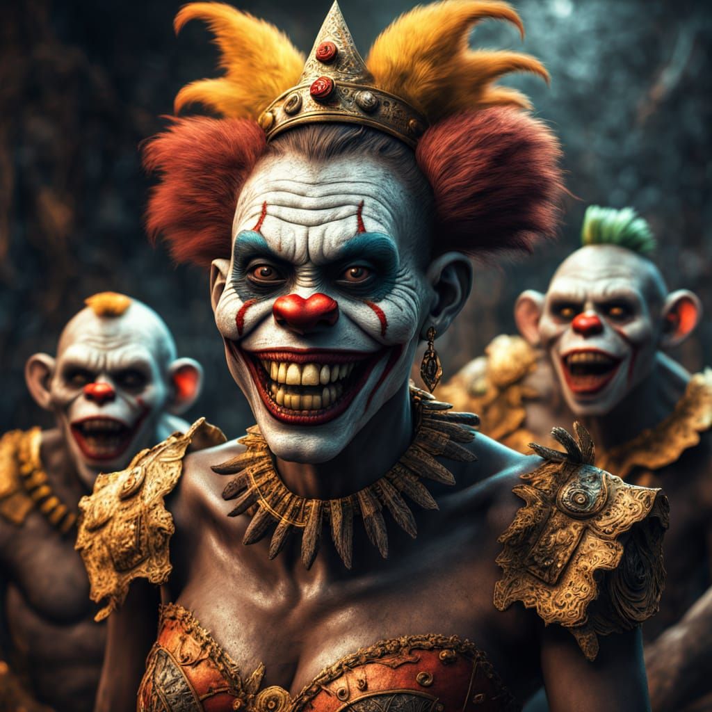 Vivid Horror Princess Amidst Zombie Monkey Clowns - AI Art