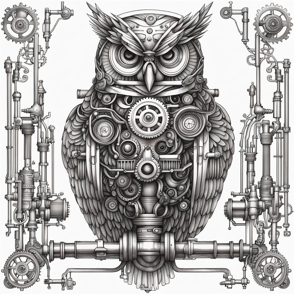 Line Art Mechanical Owl - AI Generated Artwork - NightCafe Creator