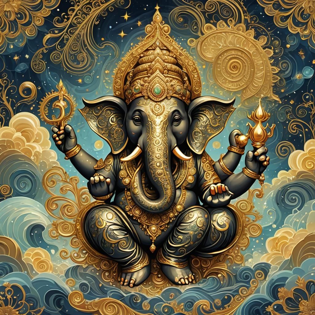 Ganesh, Lord Ganesh, gold intricate metal bejeweled tusks, glowing ...