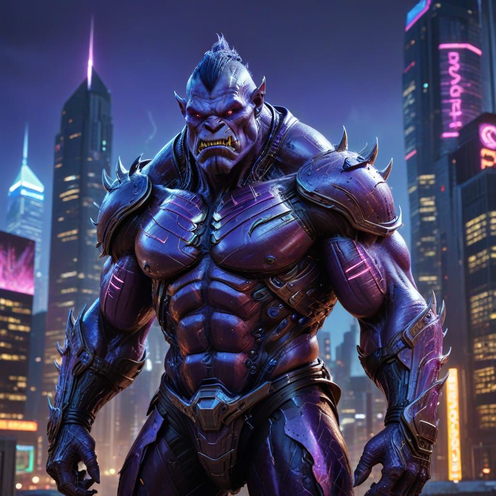 Purple Orc Dominates Cyberpunk Cityscape - AI Art