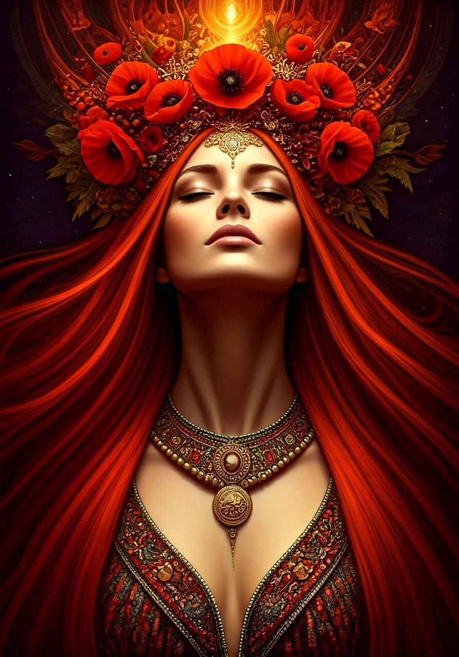 Ethereal Ruby-Haired Goddess in a Celestial Floral... - AI Art