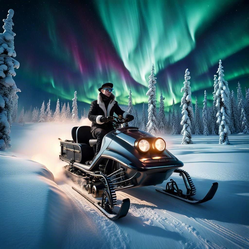 Man riding on a steampunk snowmobile in Swedish Lapland on a winter ...