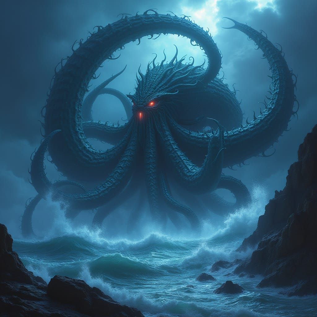 Gargantuan Kraken Emerges from Turbulent Sea in Da... - AI Art