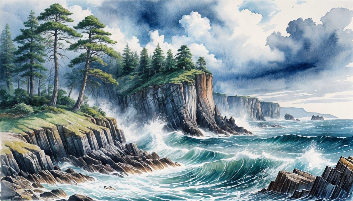 Dramatic Watercolour of Wind-Swept Coastal Forest - AI Art