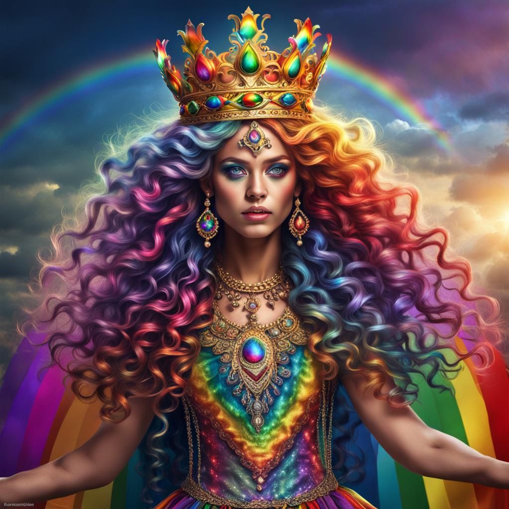 beautiful young goddess with long curly rainbow hair a and rainbow eyes ...