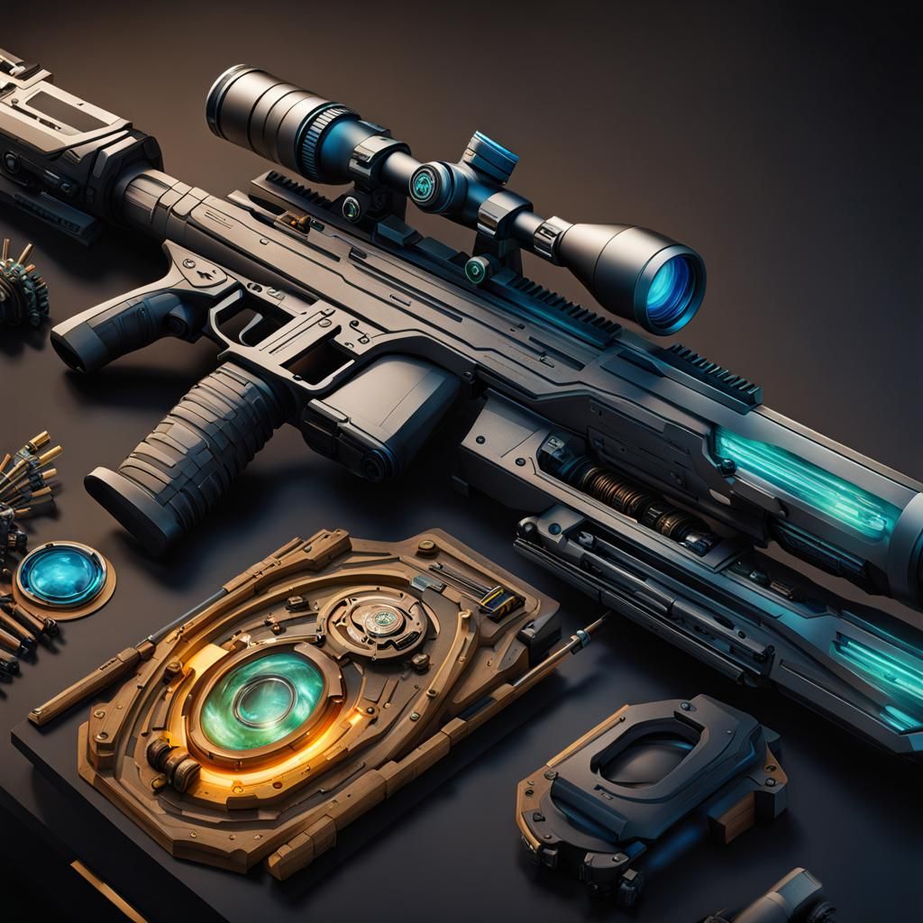 Design an artwork featuring a highly advanced cybersniper rifle ...