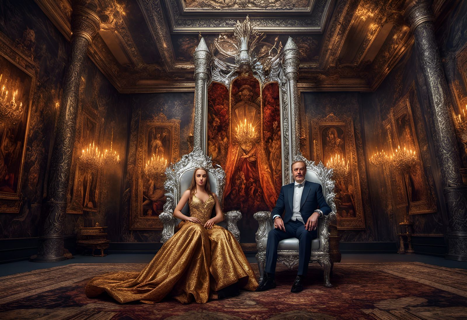 Handsome King and Beautiful Queen sit on Silver Thrones in an Elaborate ...