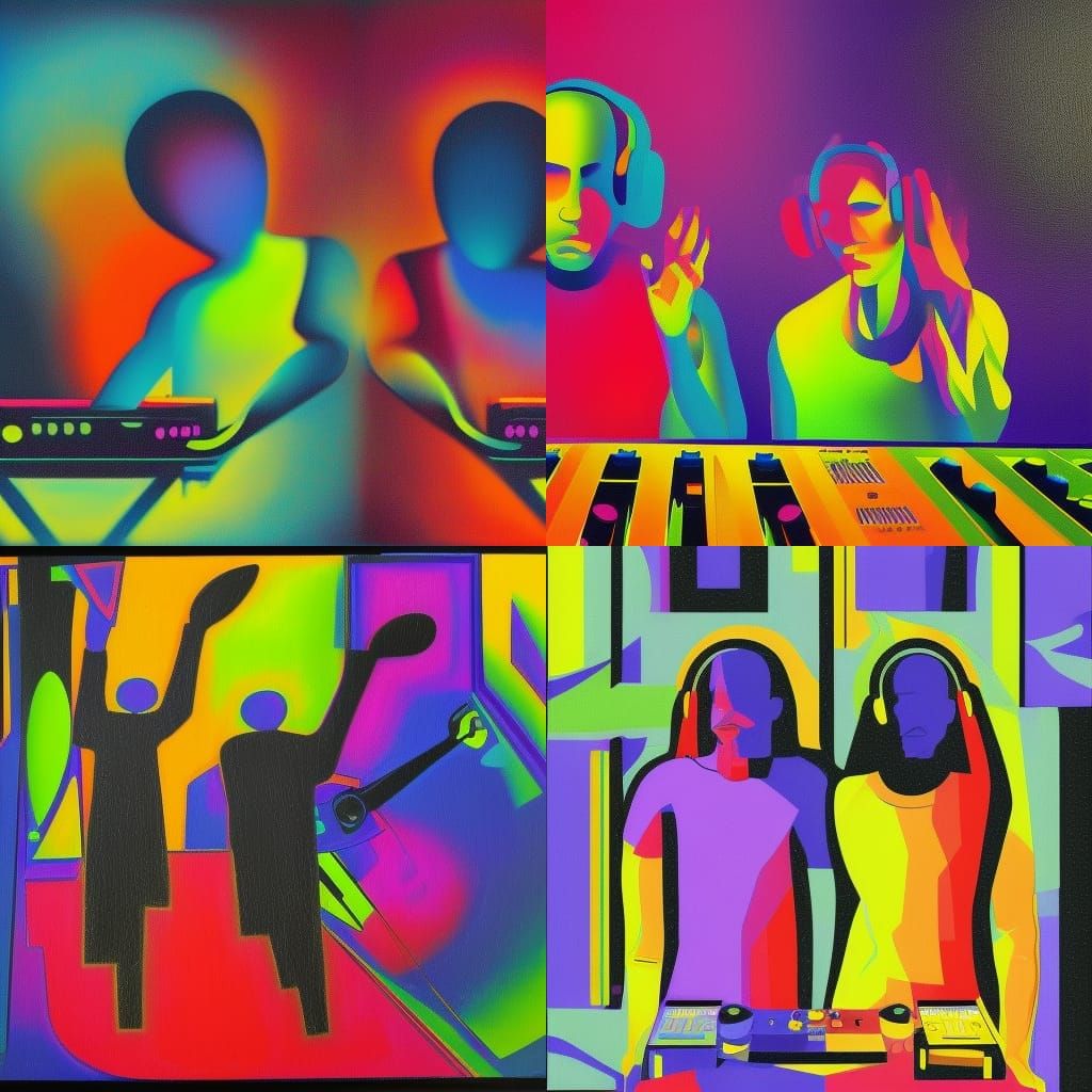 paint an abstract picture of 2 DJs, looking like Extraterrestrials ...