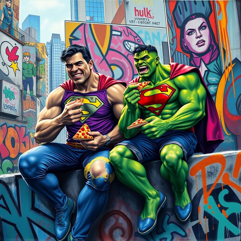 Superman and hulk eating pizza - Superheroes Enjoying Pizza...