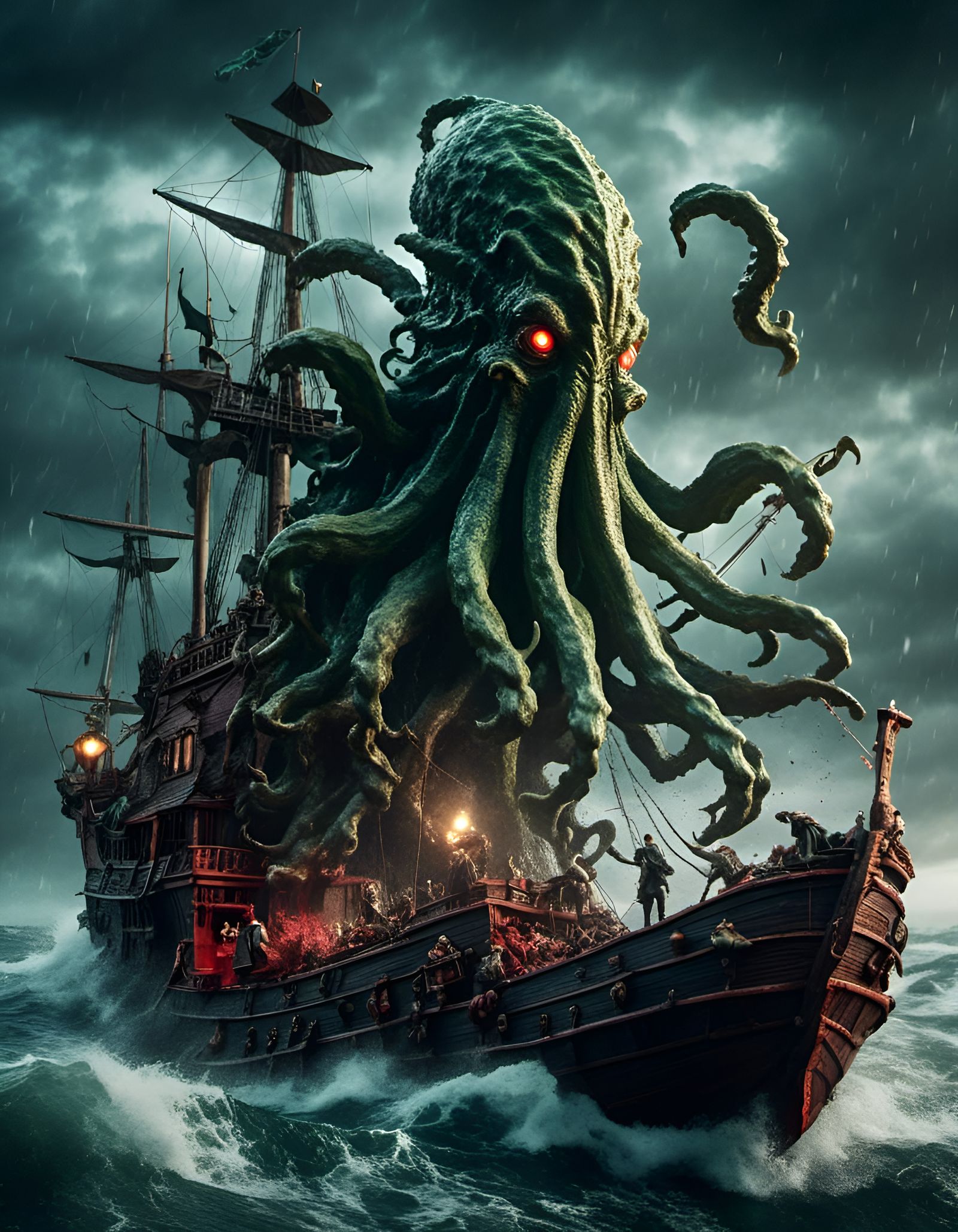 Ultra wide shot, epic scale colossal Giant Cthulhu god attacking a tiny ...