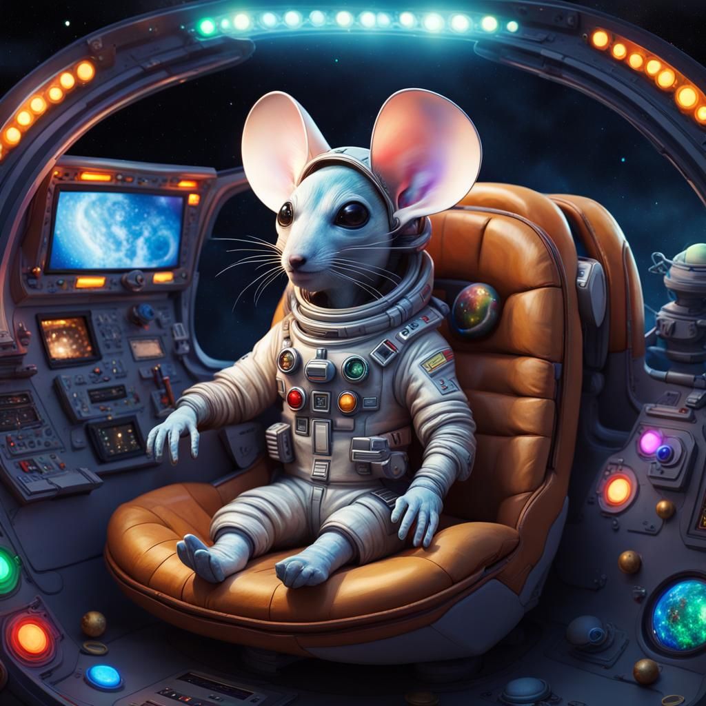 Photograph, Macro, alien mouse dressed as astronauts are in the seats ...