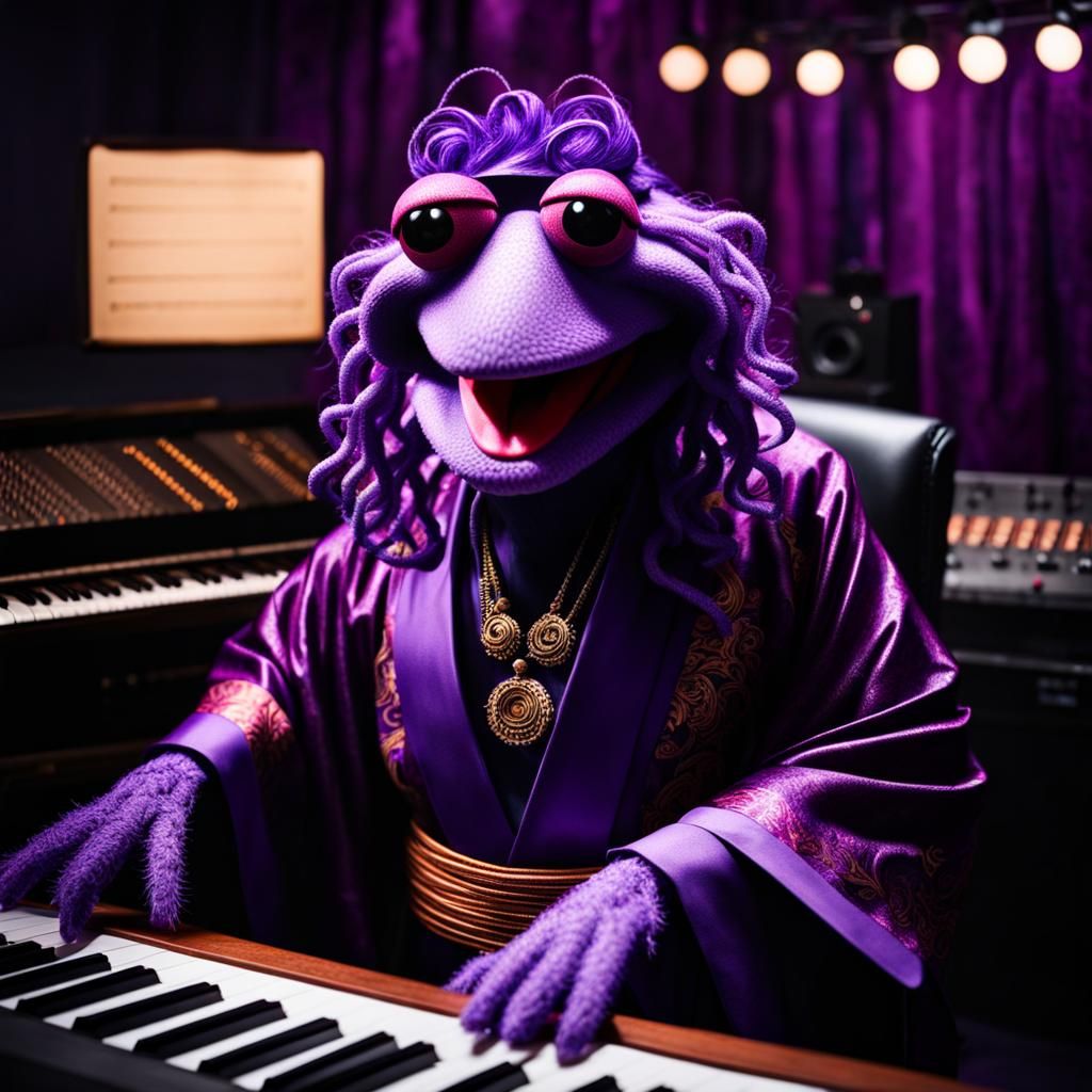 Purple muppet wearing a kimono and producing music in a studio - AI ...