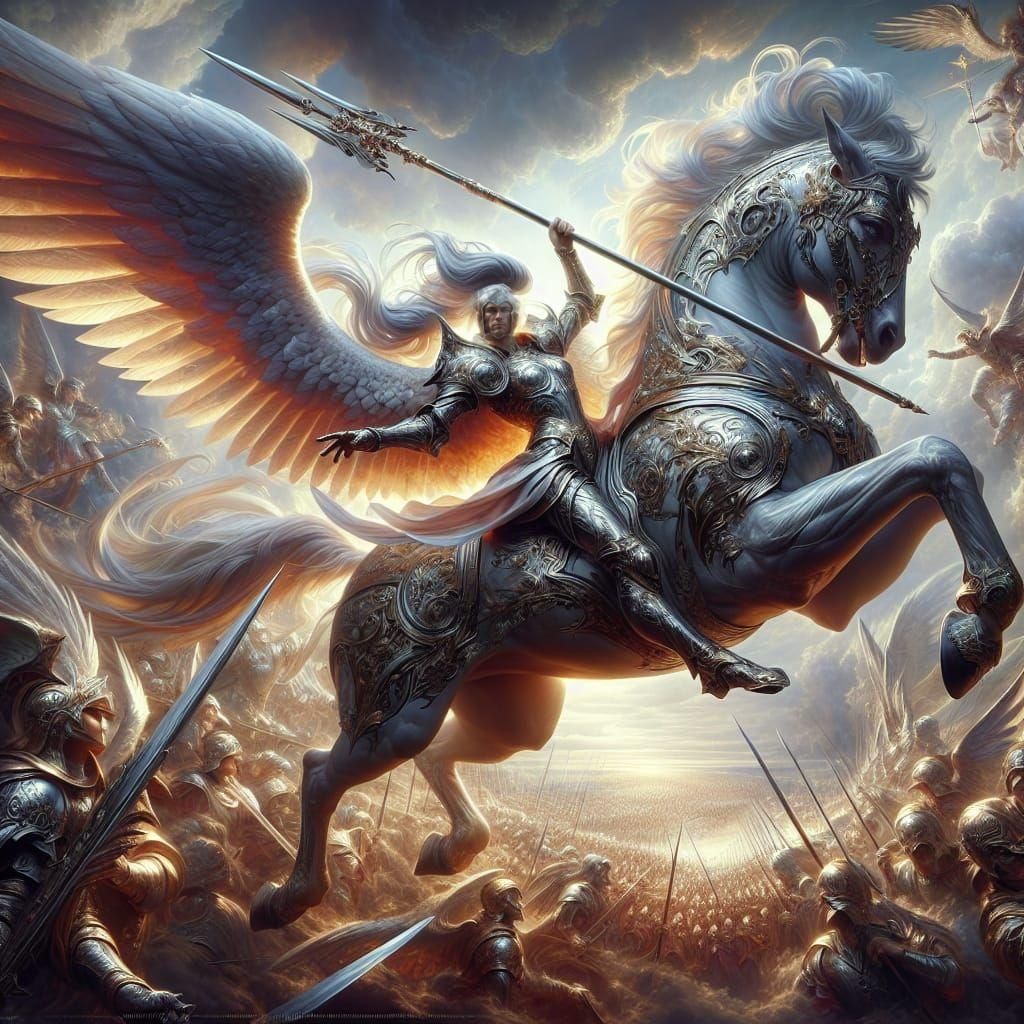 A majestic warrior angel clad in silver armor, riding a powerful winged ...