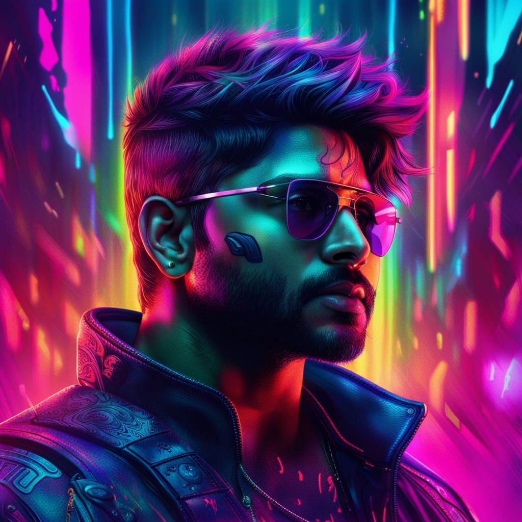 Allu arjun in a cyberpunk style neon background with vibrant colours ...