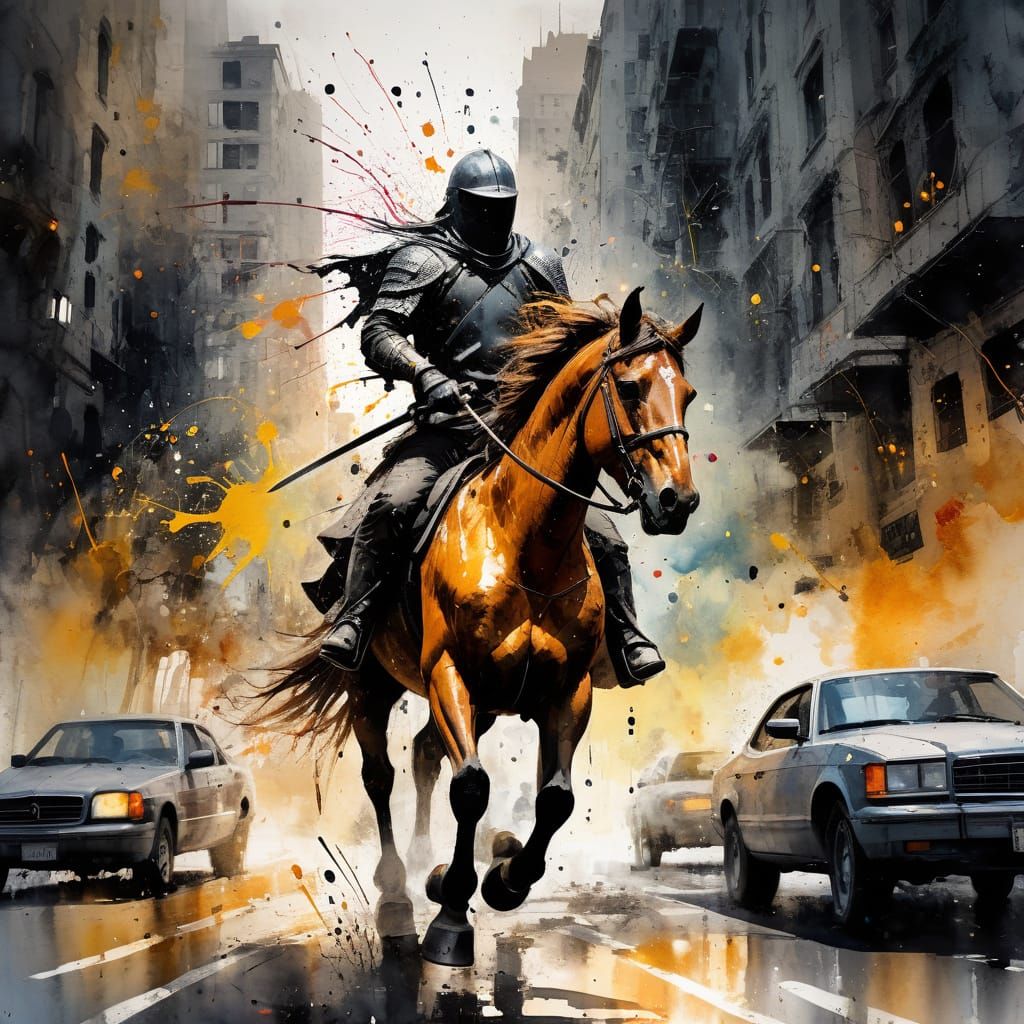 The knight in the city - Gritty Cityscape with Crusader on H...