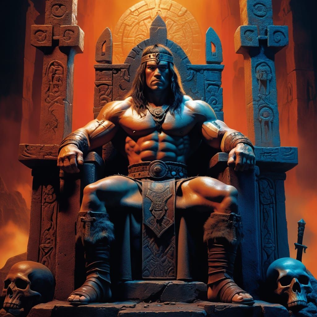 conan the barbarian sitting on his throne, very colortul well lit and ...