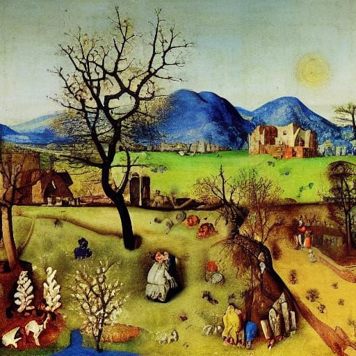Whimsical Medieval Spring Scene in Vibrant Colors - AI Art