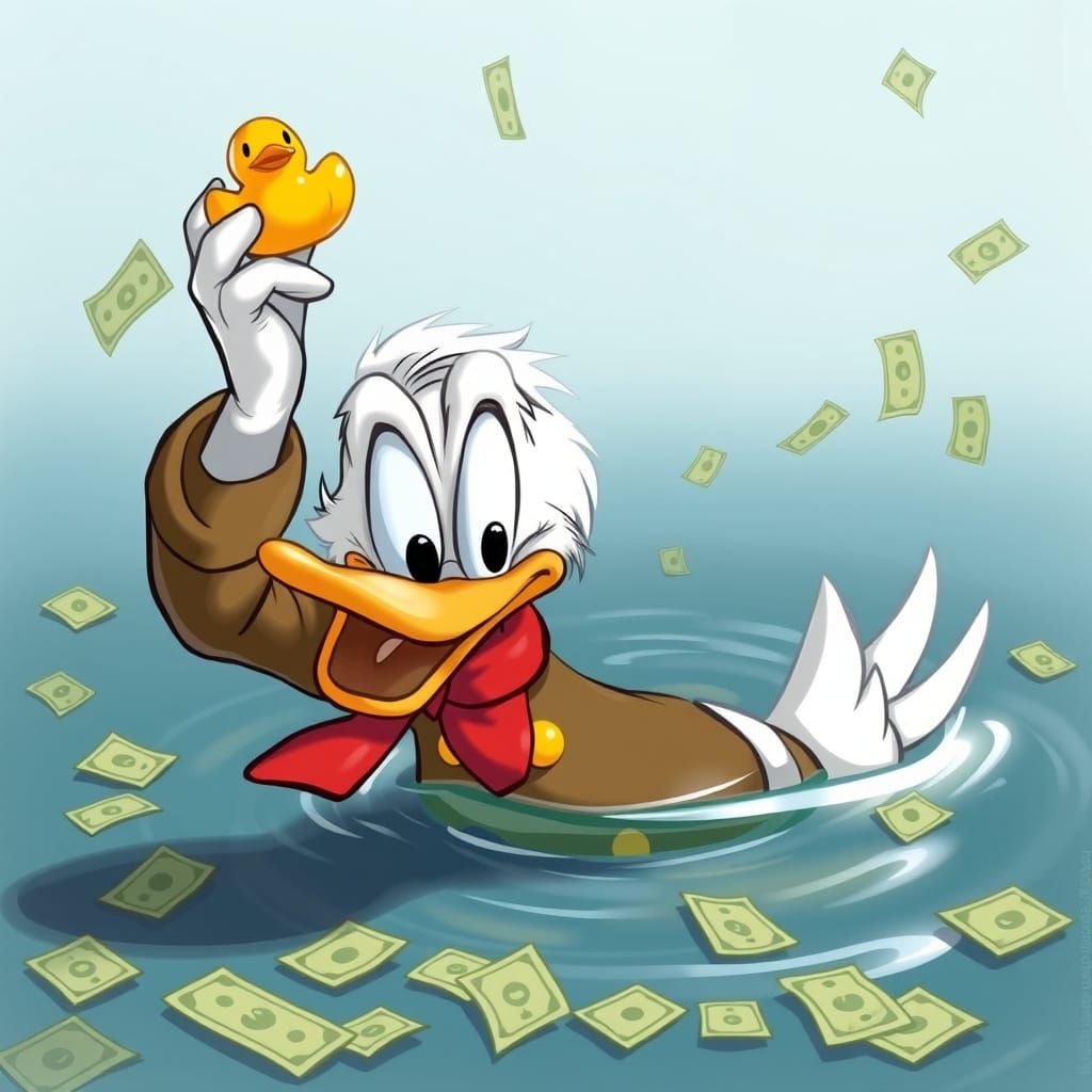 Scrooge Mack Duck with a rubber ducky in his hand makes a swim in sea ...
