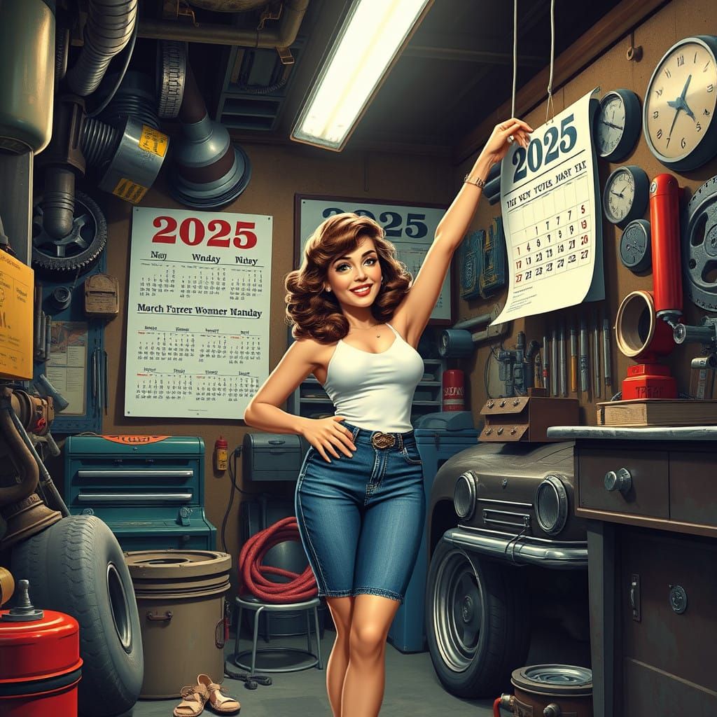 Retro Pin-up Girl Attaches Futuristic Calendar in ... - AI Art