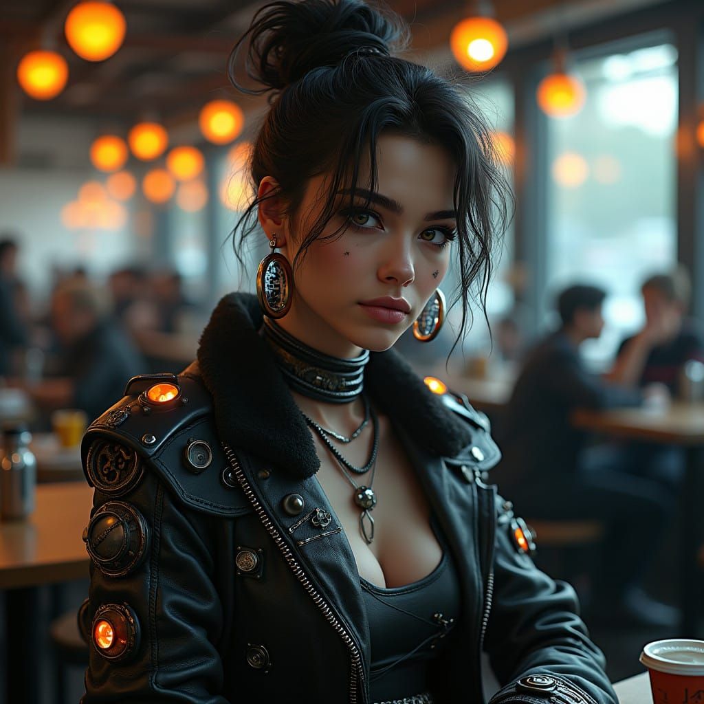 cyberpunk coffee shop - Cyberpunk Goddess in a Neon-Lit Coff...