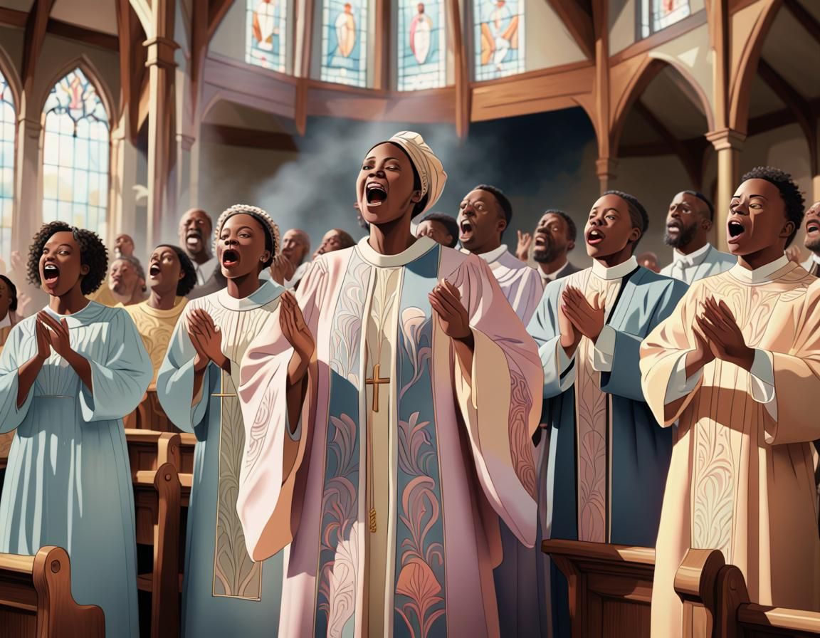 Sunday Tent Revival service in Pastel Color Palette, black people in ...