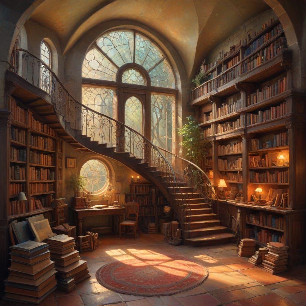 Whimsical Wizard's Library in Impressionist Oil - AI Art