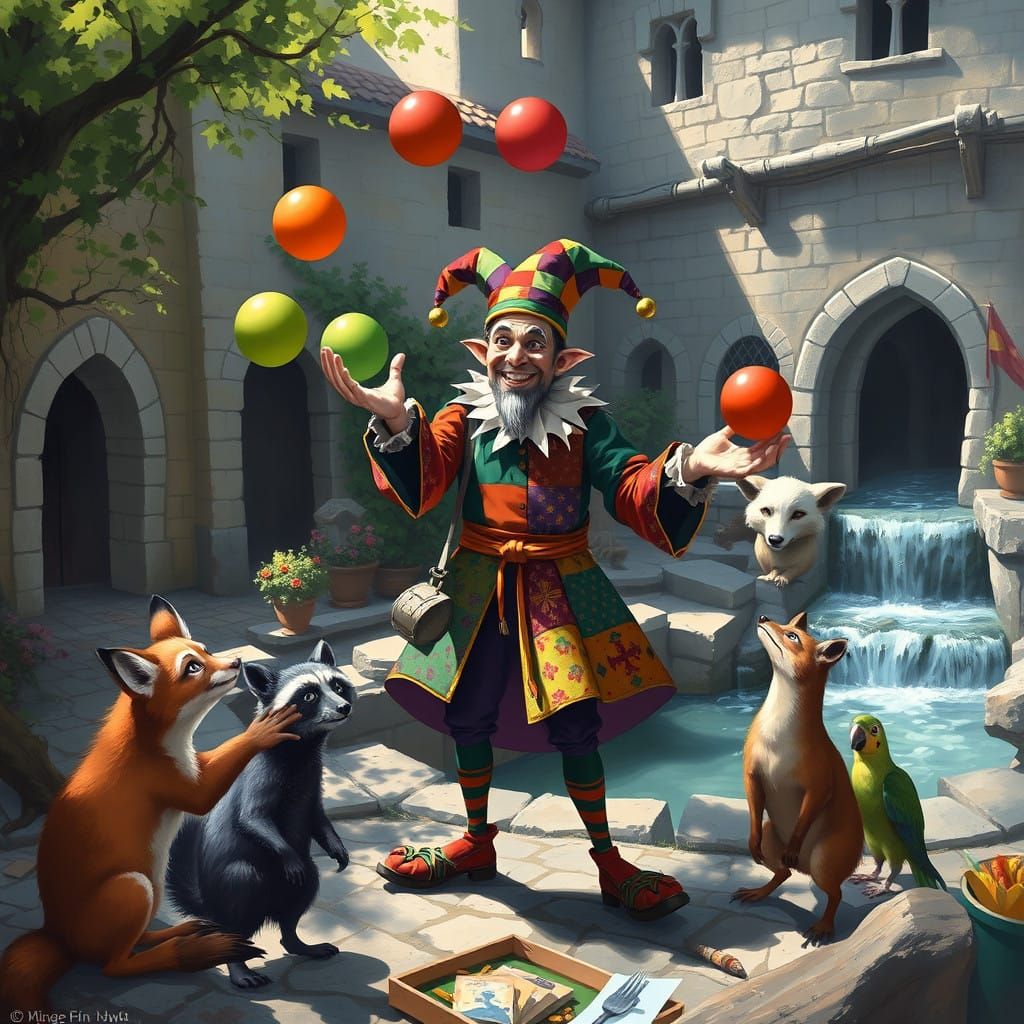 Whimsical Jester Juggles in Vibrant Medieval Court... - AI Art